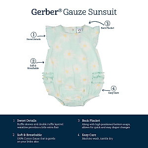 Gerber Baby Girls Sleeveless Ruffle Romper, Daisies, 3-6 Months