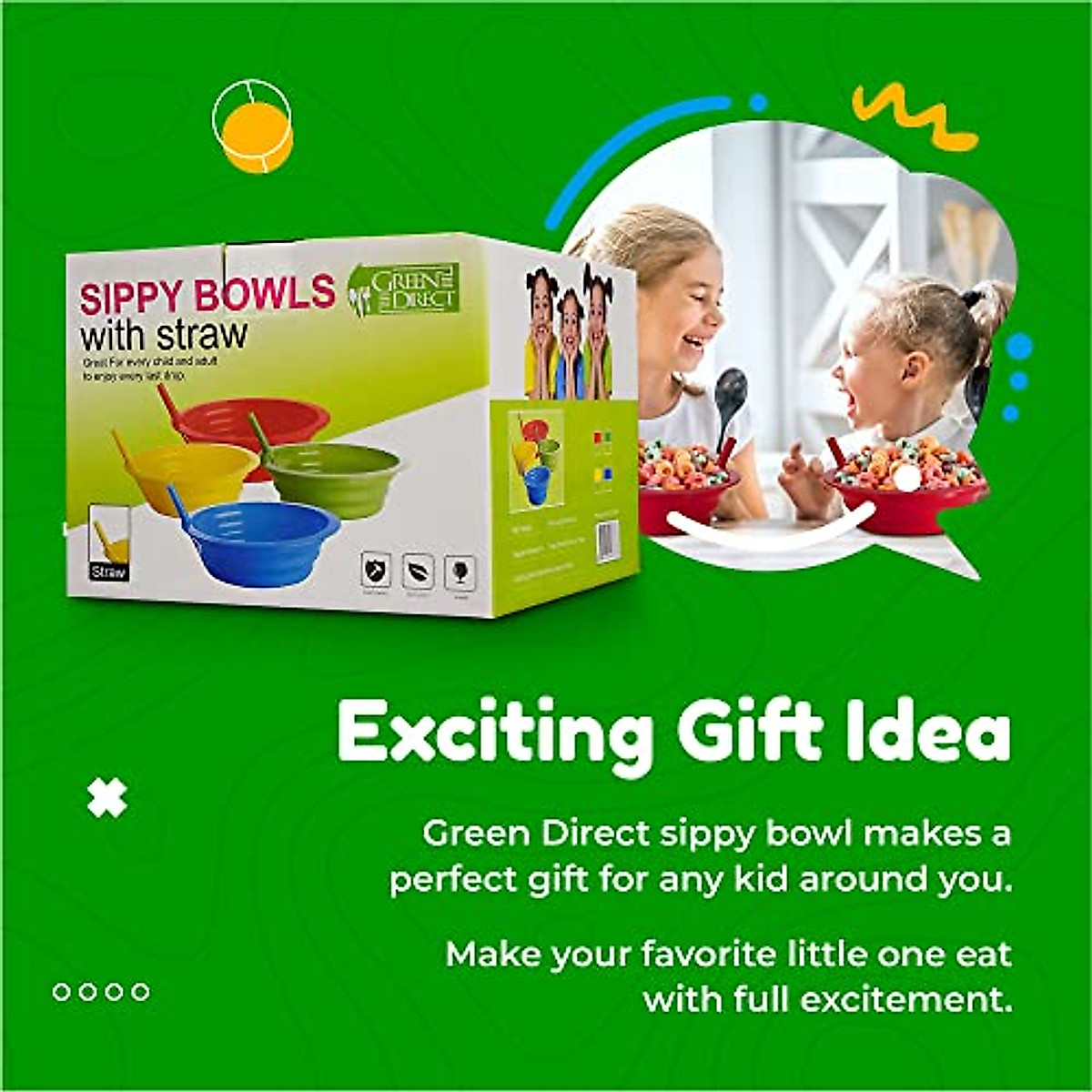 Green Direct Sippy Bowl With Straw and Spoons | 22 Ounce Plastic Cereal Bowls With Straws BPA Free Assorted Color | Built-in Straw Bowl Blue Red Green Yellow Pack of 4