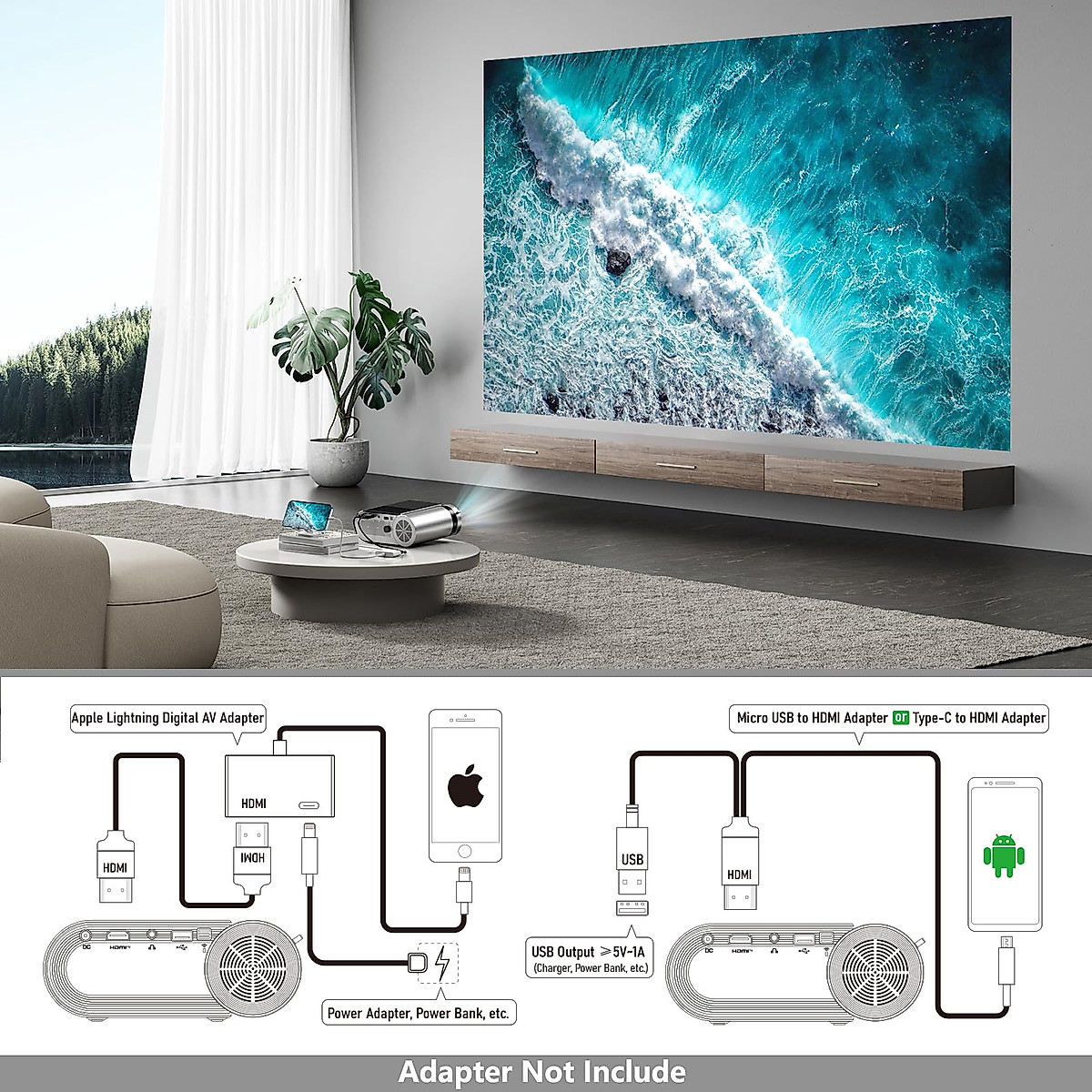 Portable Projector, Movie Projector Support 1080P 200" Display, Compatible with Fire TV Stick/PS4, Projector for Outdoor Movie for Phone with HDMI, VGA, SD/TF, AV, USB