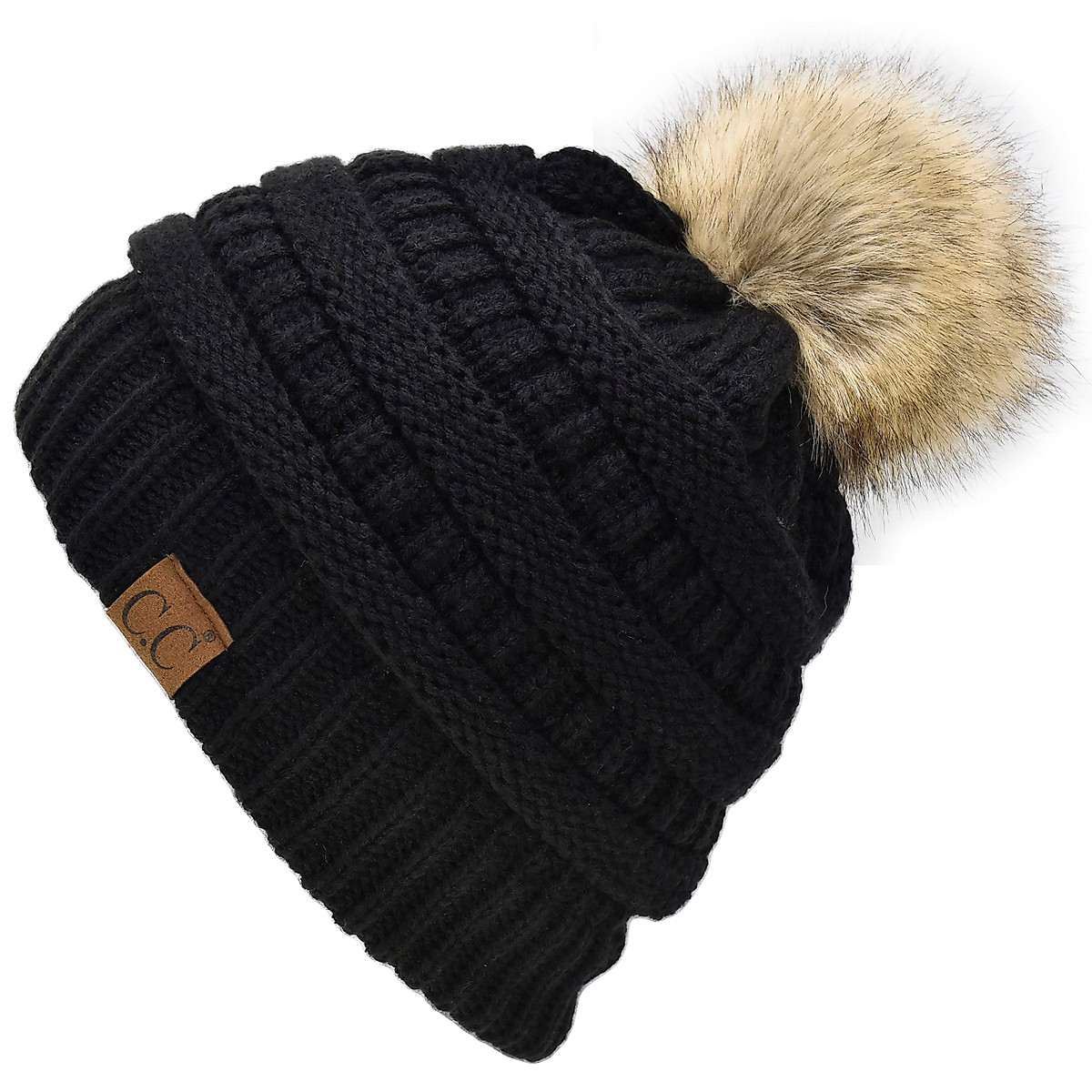 C.C Trendy Fuzzy Sherpa Fleece Lined Warm Soft Stretch Cable Knit Faux Fur Pom Pom Skull Cap Cuff Beanie Hat