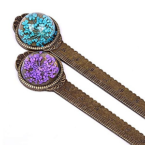 Wisdompro 2 Pcs Metal Bookmark, Retro Vintage Bronze Book Mark Ruler with Dried Flower, Packaged in a Gift Box - an Ideal Gift for Kids, Students, Teachers, Book Lovers - Blue & Purple
