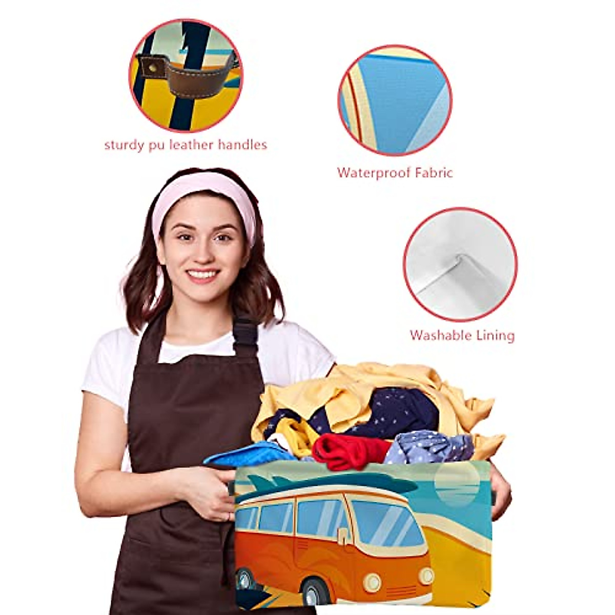 Summer Travel Storage Bin for Shelves with Leather Handles, 15 X 11 X 9.5 Inches Waterproof Storage Bins for Clothes Toy Blanket Books Organizers Storage Tropical Palm Trees and Seaside Bus