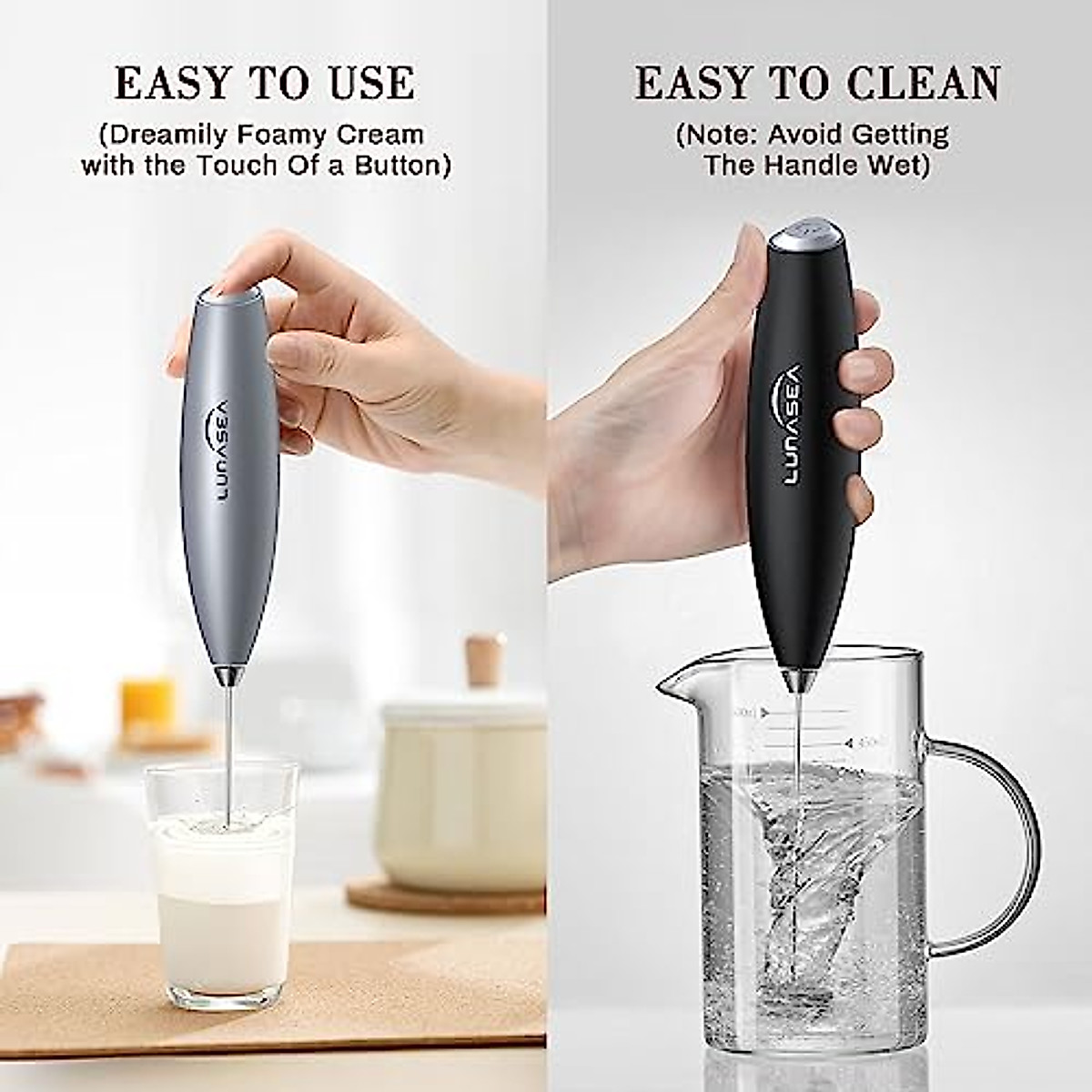 LUNASEA Handheld Milk Frother with Stand, Frother Wand, Electric frother for Coffee Whisk, Hand Mixer Blender Milk Foamer, Drink Mixer, Electric Whisker for Mixing, Latte, Cappuccino, Matcha (Black)