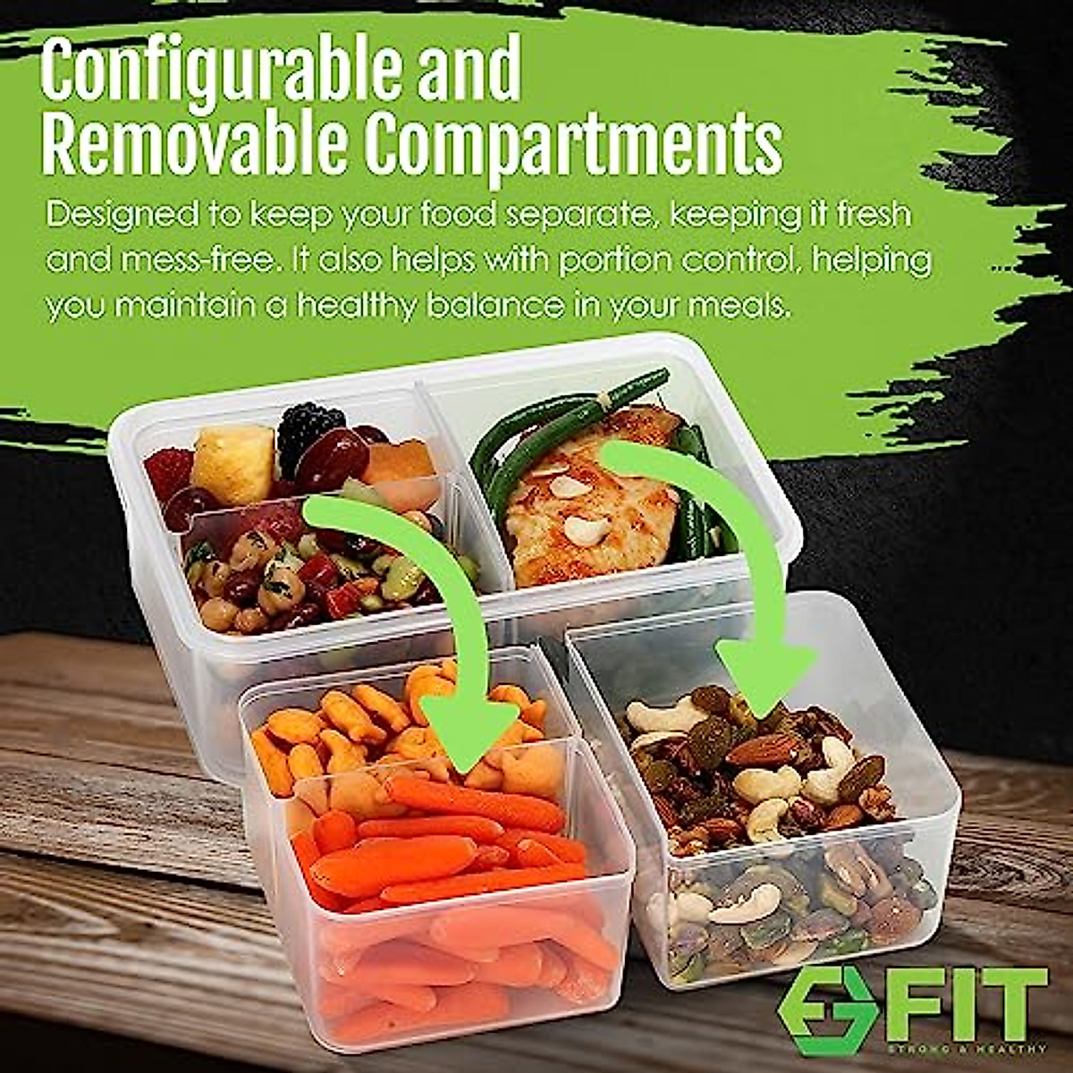 FIT Strong & Healthy Bento Lunch Box & Meal Prep Containers, Food & Snack Storage for Adults & Kids, Microwave, Freezer, & Dishwasher Safe, Reusable, Airtight Lid, Removable Compartments, 39oz, 2 Pack