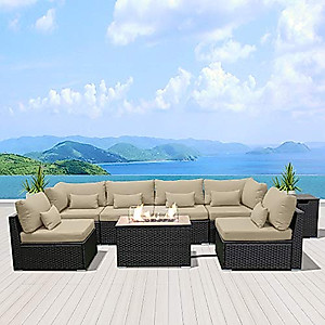 Dineli Patio Furniture Sectional Sofa with Gas Fire Pit Table Outdoor Patio Furniture Sets Propane Fire Pit (Light Beige-Rectangular Table)