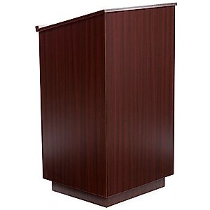 45.5" Tall Podium with Locking Cabinet, Shelf, 25" Angled Surface with Lip (Mahogany)