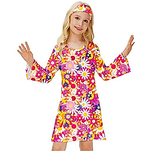 60s Dress 70s Hippie Halloween Pink Floral Long Sleeve Gogo Dresses Pink 7-8 Years