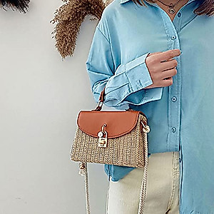 Meyaus Women Mini Lock Decoration Straw Woven Cross-body Shoulder Bag PU Leather Flap Top-handle Bag Handbag