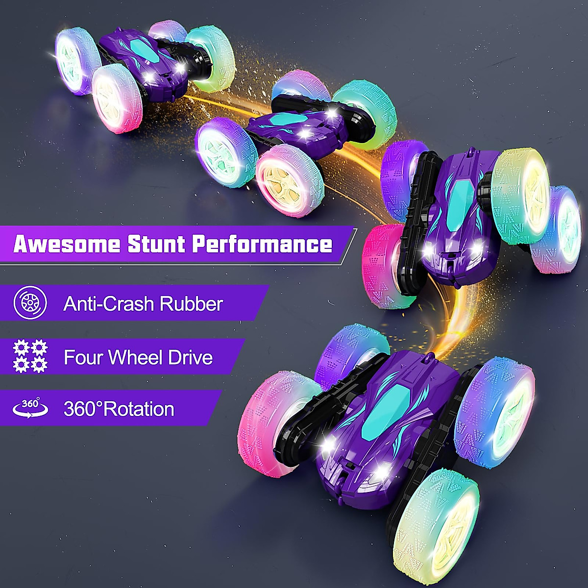 28℃ Remote Control Car for Boys, Drift High Speed RC Cars, 4WD 2.4Ghz Rechargeable RC Truck with Double Sided 360 Flips and Headlights Wheel Lights, Off-Road Stunt Toy Car for Kids Boy Girls (Purple)