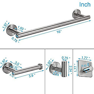 TocTen 5 PCS Bathroom Hardware Set SUS304 Stainless Steel-Towel Rack Set Include Lengthen Hand Towel Bar+Toilet Paper Holder+3 Robe Towel Hooks Bathroom Accessories Towel Bar Set (Brushed Nickel,16IN)