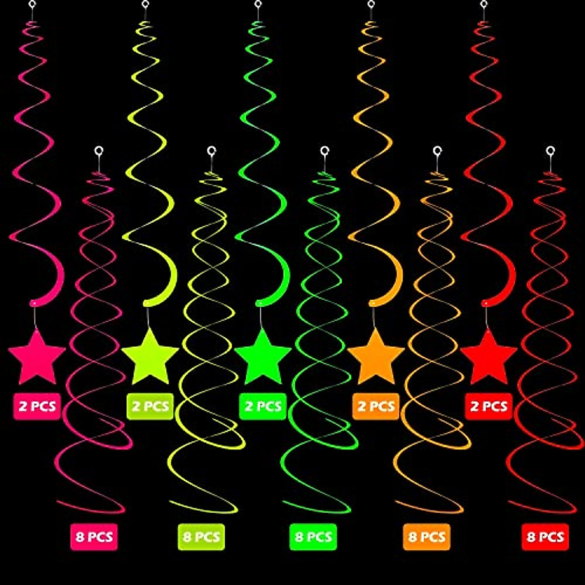 50 Pieces Glow Party Supplies Hanging Swirl Decorations Neon Star Swirl Hanging Decorations for Neon Party Glow Party Ceiling Decorations