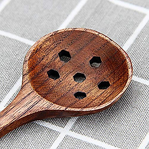 1 PC Korean Style 10.9" Long Handle Wooden Round Slotted Spoons for Jam Olive