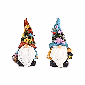 AOC 2pcs Garden Gnome Solar Statue, 10.2 Inch Resin Gnomes Figurine with Solar Powered Lights Funny Gnomes Garden Decorations, for Outdoor Patio Yard Lawn Backyard Decor
