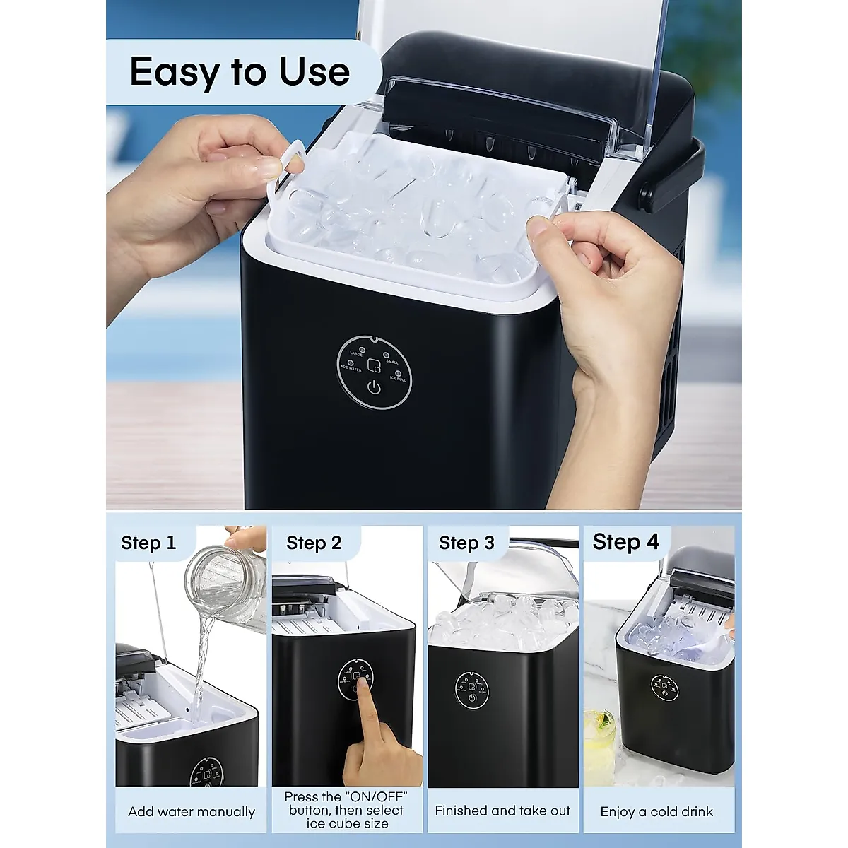 FOHERE Countertop Ice Maker with Handle, Portable Ice Machine Self-Cleaning, 28 lbs in 24Hrs, 2 Sizes of Bullet Ice, Ice Ready in 6 Mins, with Ice Scoop & Basket, for Home/Kitchen/Camping/RV
