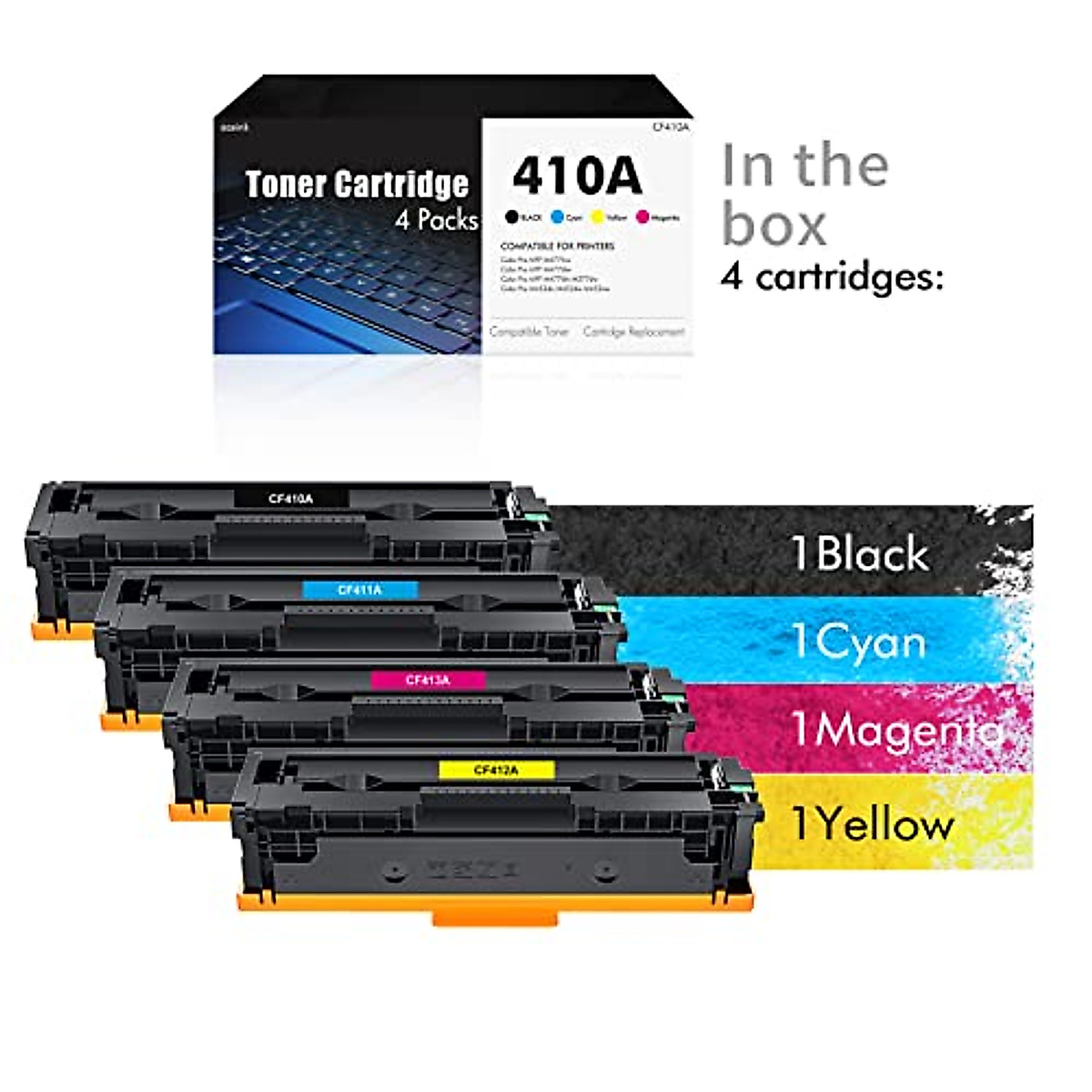 410A Toner Cartridge 4 Pack: Compatible Replacment for HP 410A 410X CF410X CF410A CF411A CF412A CF413A for Color Pro MFP M477FNW M477FDN M477FDW M452DN M452DW M452NW Printer(Black Cyan Yellow Magenta)