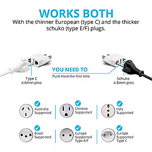 Europe to US Plug Adapter EU/UK/AU/in/CN/JP/Asia/Italy/Brazil to USA (Type A & B) American Travel Adapter and Converter, Wall Outlet Power Charger Converter (White)