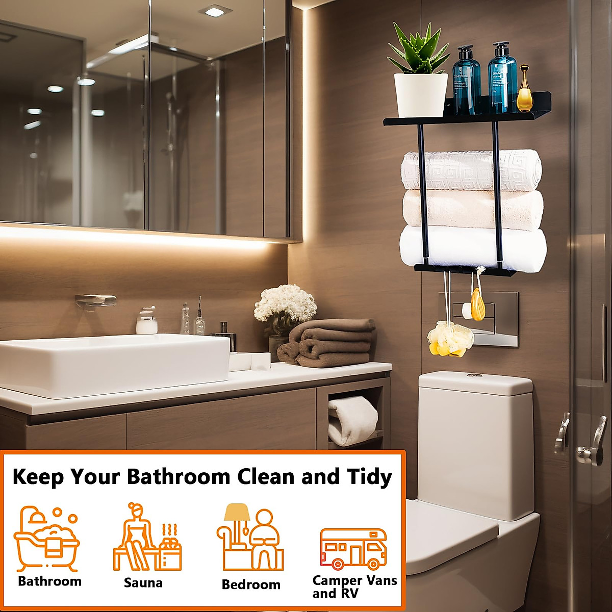 Towel Racks for Bathroom,CIT ZCFYU Retractable Towel Storage Holder Wall Mounted for Small Bathroom,Up to 8 Tier Rolled Bath Towel Rack or Hand Towels,Vertical Metal Towel Shelf Organizer with 3 Hooks