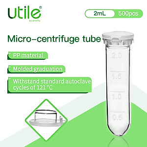 Utile 500pcs of 2ml Microcentrifuge Tubes, PP Material, Autoclavable Microcentrifuge Tubes, with Graduation and Frosted Writing Area, 4610.1815.500.