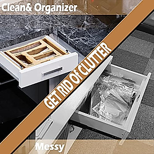 Bamboo 6 In 1 Foil and Plastic Wrap Organizer, Ziplock Bag Organizer/Holder Wrap Dispenser With Slide Cutter, for kitchen Drawer or House Wall Use, for Gallon,Quart,Sandwich Bag etc.