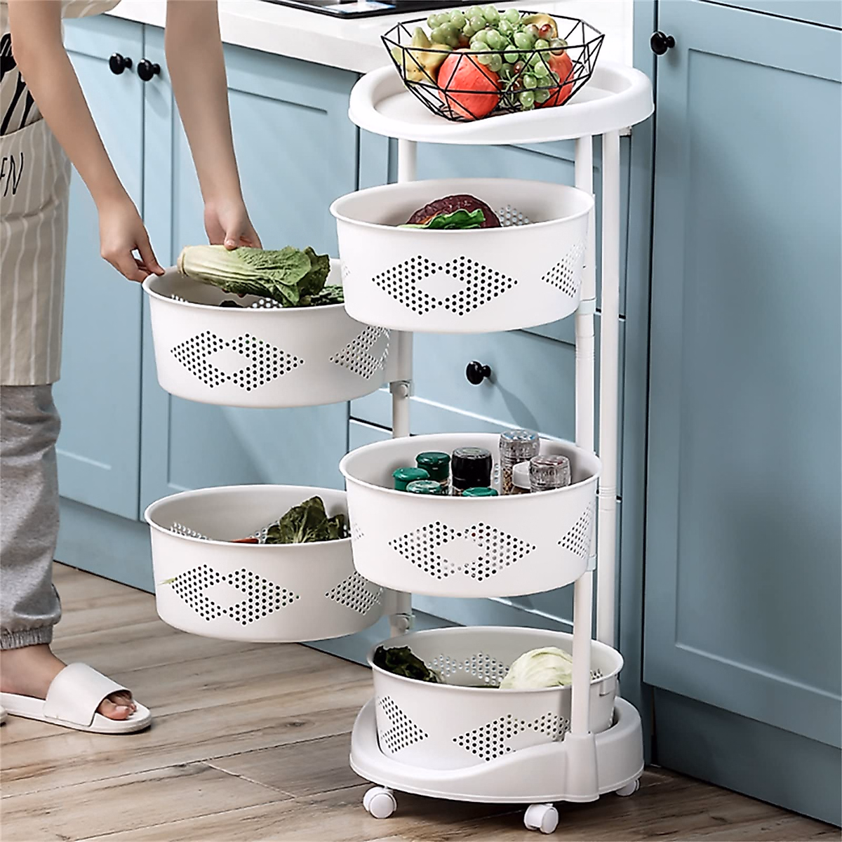 SAHUANIYE Rotating Storage Rack, 5-Tier Rotating Fruit Basket Racks For Kitchen, Movable Vegetable Storage Shelf Cart With Wheels, Floor Standing 360° Rotation Organizer For Potato & Onion, White