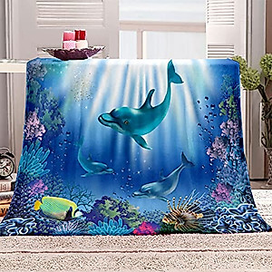 Wesan Ocean Dolphin Fish Blanket Underwater World Colorful Sea Life Throw Gifts for Kids Girls Boys Mom Women Men Dad Birthday Mother's Day Father's Day Soft Plush Throw 50"x60"