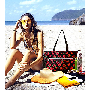 Betsey Johnson 15.6 Inch Zipper Beach Tote Bag Lightweight Large Durable Polyester with Mesh Side Pockets for Gym Work, Covered Rose