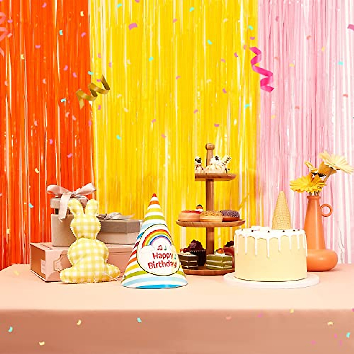 Juexica 3 Pack Groovy Foil Fringe Curtain Groovy Photo Booth Foil Curtain Backdrop Boho Party Decorations Groovy Party Decorations (3.2 x 6.6 ft),Orange, Yellow, Pink