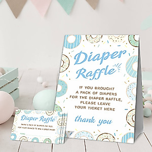 JCVUK Baby Shower Games, 1 Diaper Raffle Standing Sign with 50 Diaper Raffle Tickets,Donut Love Theme Babyshower Party Decorations and Supplies For Boys or Girls(LBLK-B08)