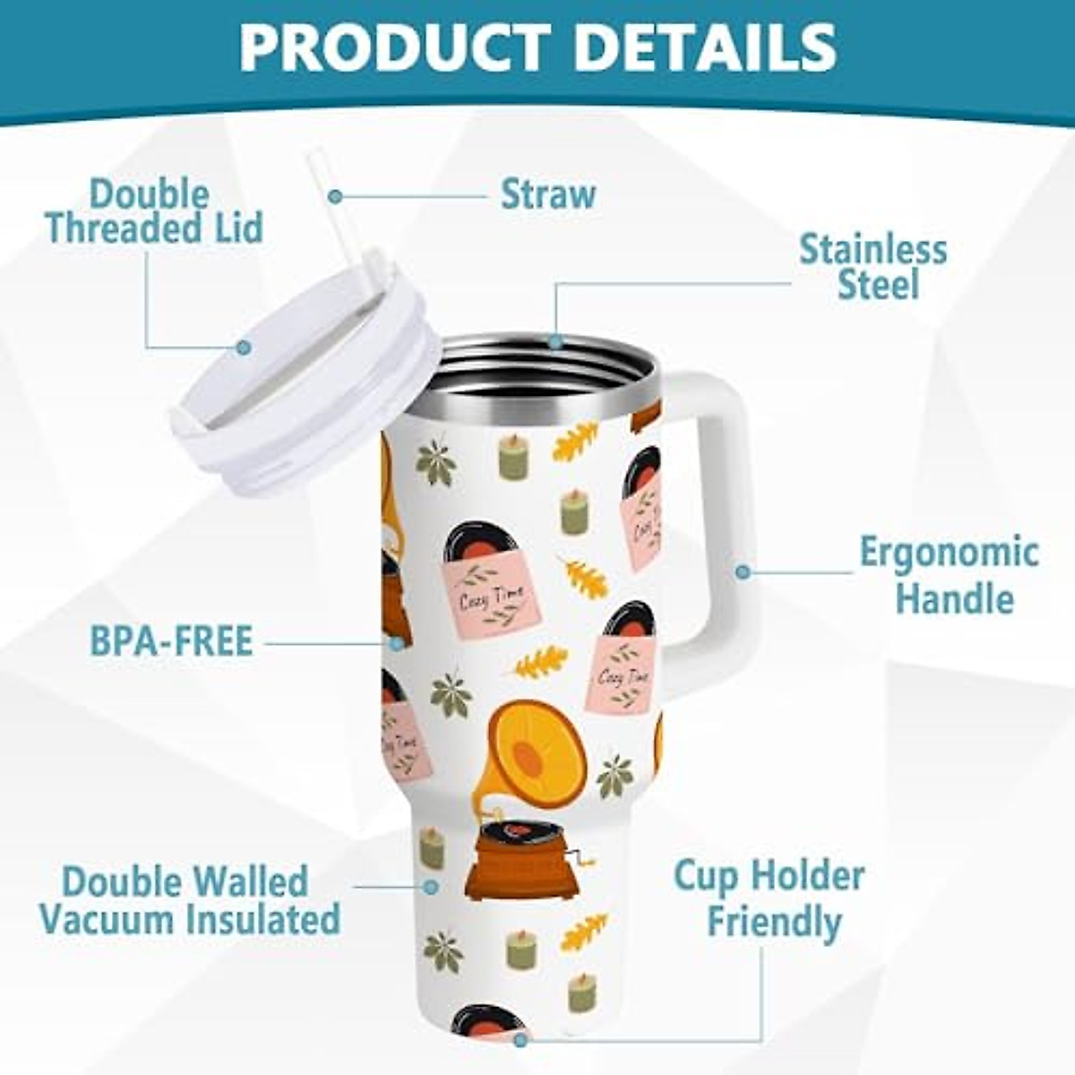 Emelivor Gramophones Records White 40 oz Tumbler with Lid and Straw Insulated Tumblers with Handle Leak Proof Coffee Tumbler Mug Large Water Bottles Fits in Car Cup Holder
