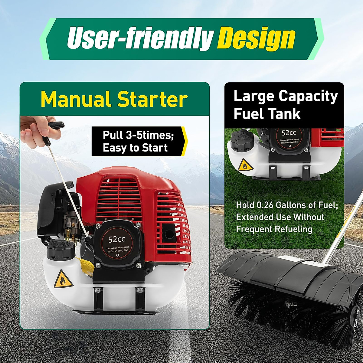 Artificial Grass Brush Power Broom, 52cc 2.3hp Sweeper Driveway Turf Lawns Handheld Sweeper,1700W Portable Power Sweeper Handheld Broom Sweeper Gasoline Engine Power Broom Brush Cleaner Tools