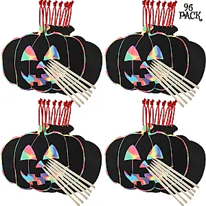 Outus 96 Pieces Halloween Scratch Paper, Halloween Pumpkins Crafts with Rainbow Colors, Halloween Pumpkins Art Paper Crafts Kit, Pumpkin Ornaments