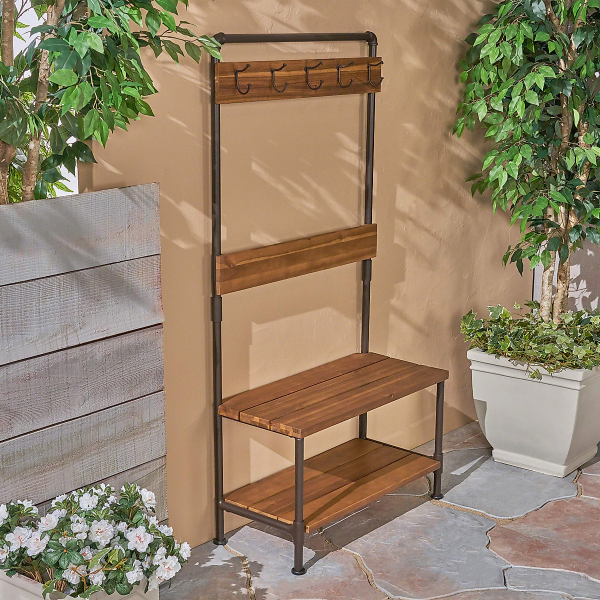 GDFStudio Outdoor Industrial Acacia Wood Bench with Shelf and Coat Hooks, Teak Finish