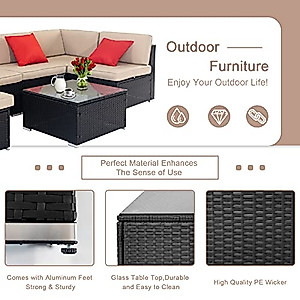 Crownland 7-Piece Outdoor Patio Furniture Sets, All-Weather Black Wicker Rattan Sectional Sofa, Modern Glass Coffee Table and Washable Seat Cushion with YKK Zipper (Beige)