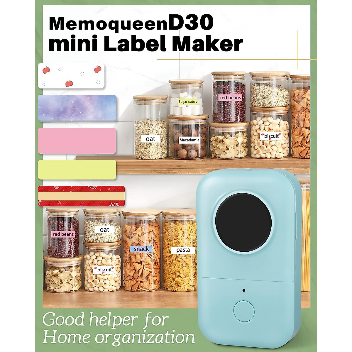 Memoqueen D30 Label Maker-Bluetooth thermal Mini Label Printer-Portable label Maker Machine with tape,Labeler Compatible with Phomemo D30 iOS&Android, Easy to Use for home office organization,Green