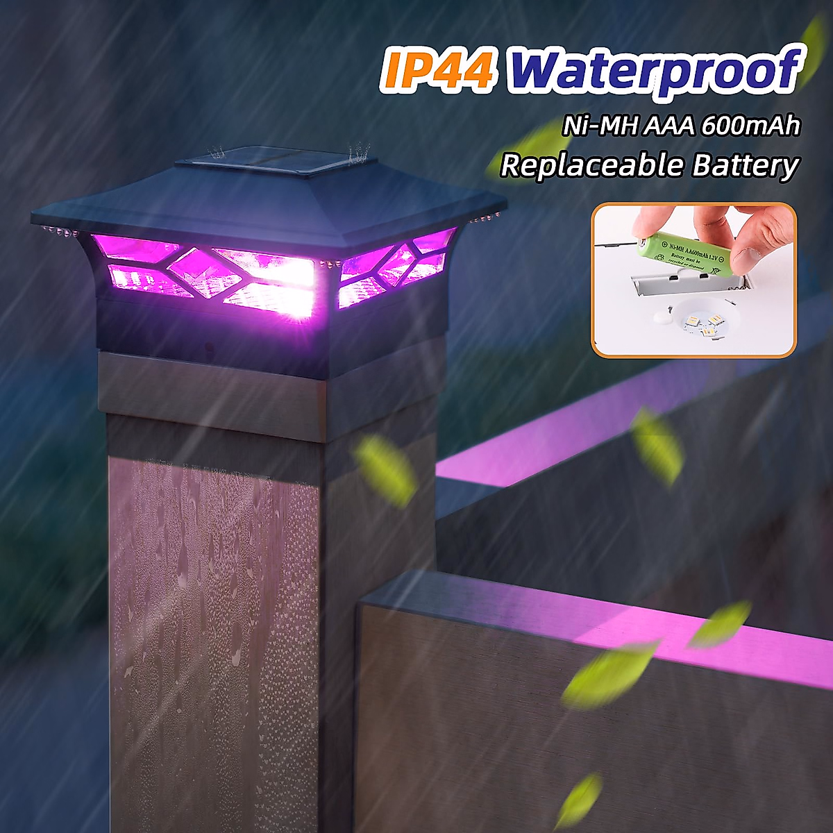 APONUO Solar Post Cap Lights Color Changing,4x4 Post Solar Lights 8 Fixable Colors Deck Post Lights Solar Powered Outdoor for Fence Deck Post Caps 4x4 6x6 Wood&4X4 Vinyl,Black,4 Pack
