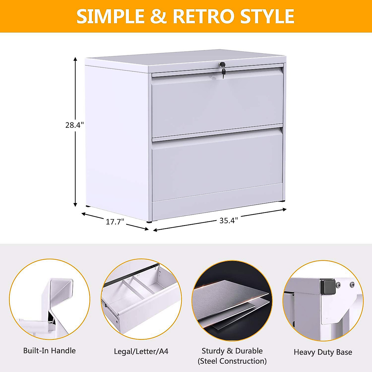 ModernLuxe File Cabinet, White Lockable Heavy Duty Metal Lateral File Cabinet with 2 Drawers