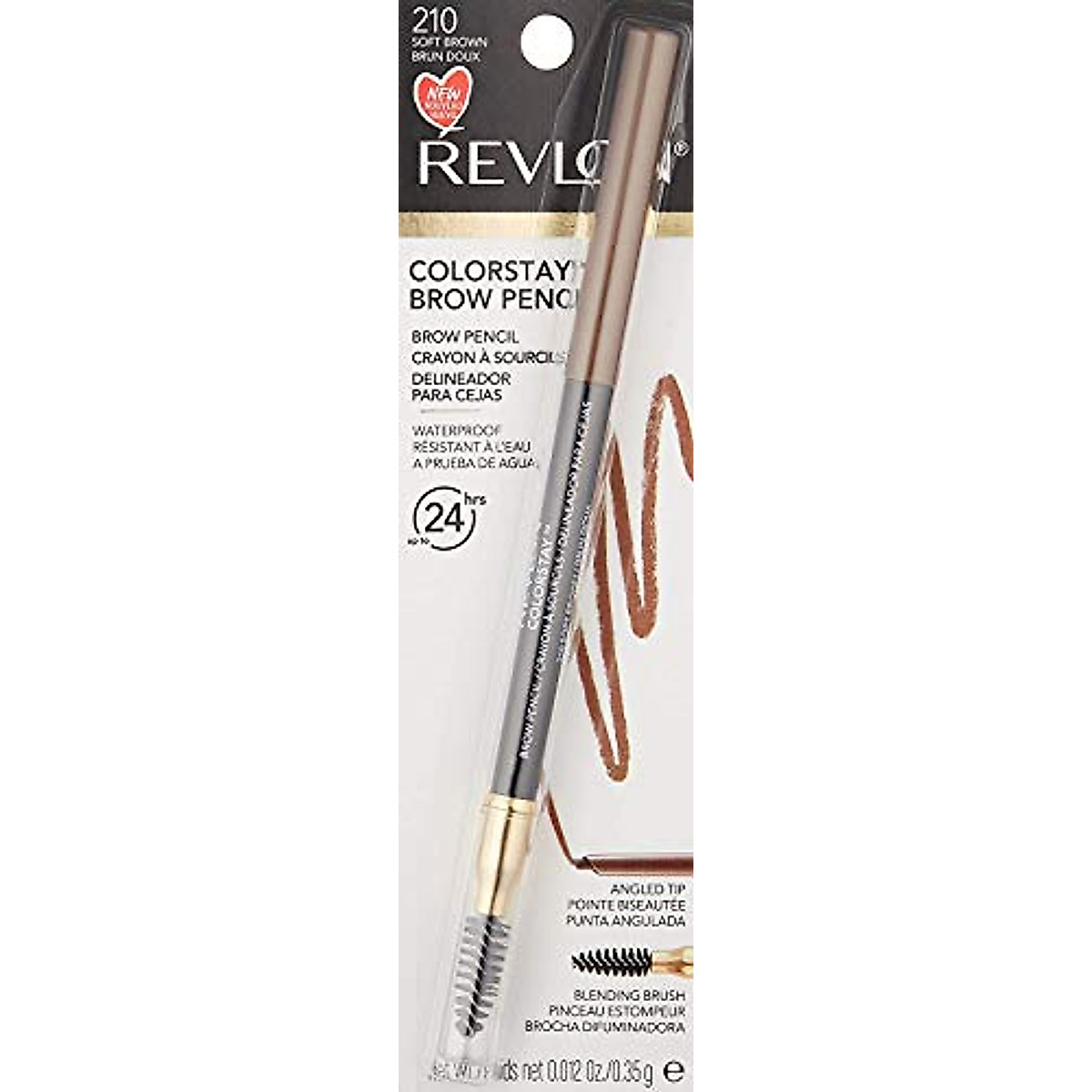 Revlon ColorStay Eyebrow Pencil with Spoolie Brush, Waterproof, Longwearing, Angled Tip Applicator for Perfect Brows, 210 Soft Brown, 0.021 oz