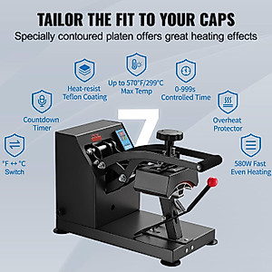 VEVOR Heat Press 6x3.75Inch Curved Element Hat Press Clamshell Design Heat Press for Hats Rigid Steel Frame No Stick Digital LCD Timer and Temperature Control (6x3.75Inch Clamshell Design)