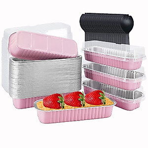 LNYZQUS Mini Loaf Pans With Lids 50 Pack, 6.8oz Rectangle Aluminum Foil Baking Pans Tins Containers,Disposable Ramekins Baking Cups Muffin Tins Cupcake Cups For Mini Cake Bread Loaf -Pink