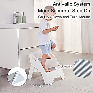Step Stool for Kids, Toddler Step Stool for Bathroom Sink and Potty Training, Foldable and Integral Kitchen Helper 2-Step Stool with Handles and Slip-Resistant Soft Grips (Grey)