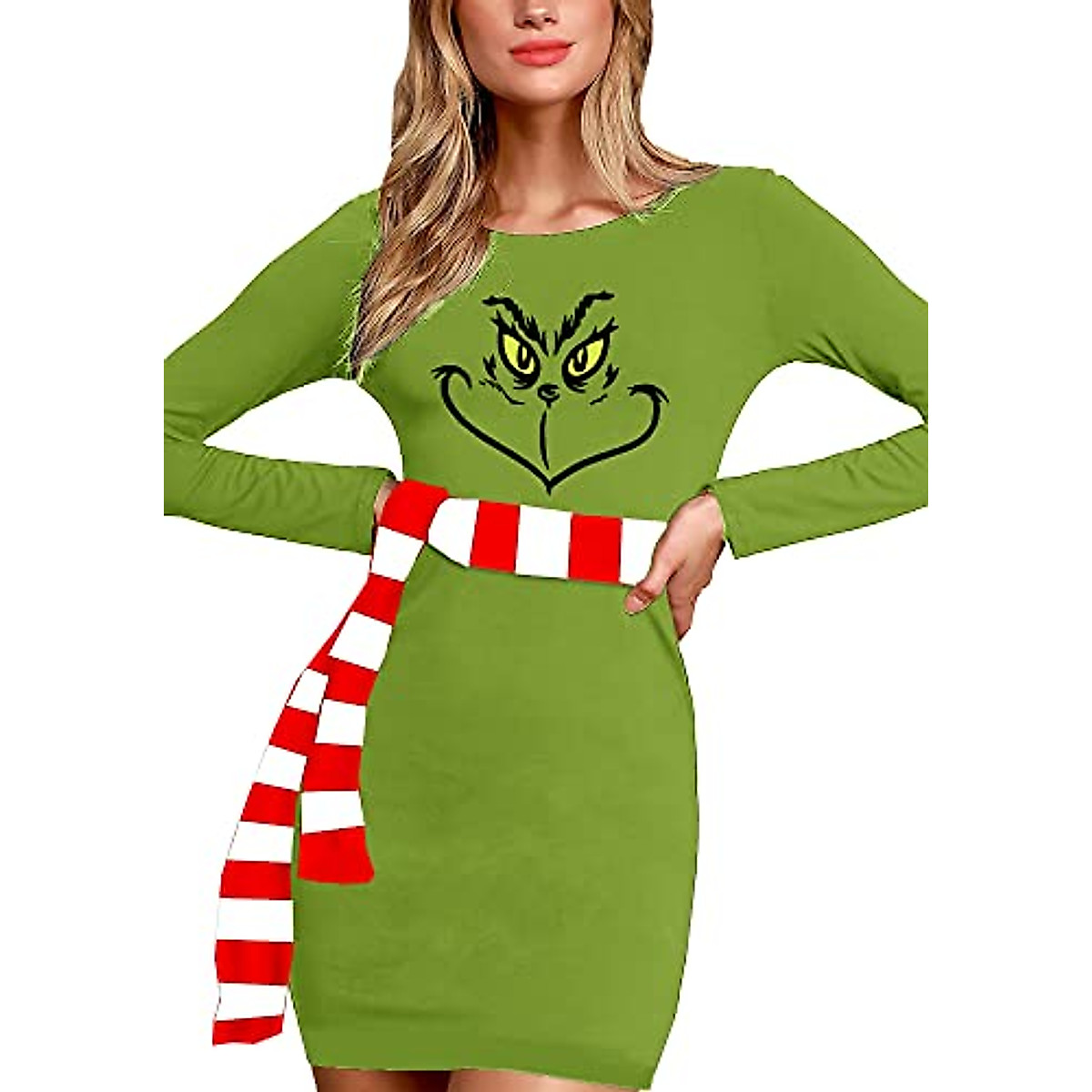 Christmas Grinch Dress for Women Ugly Holiday Party Winter Dresses with Scarf Grinch Costume S
