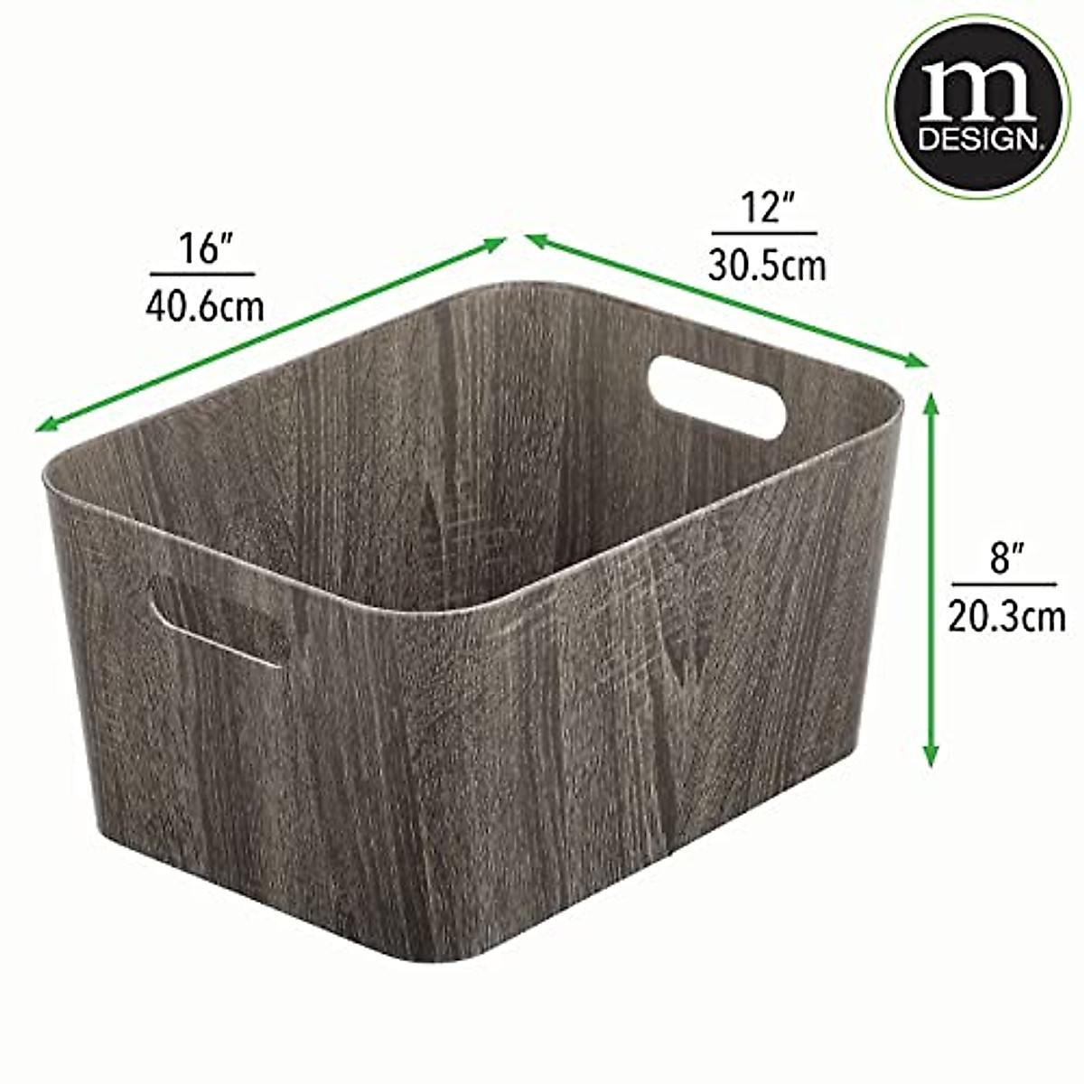 mDesign Wood Print Food Bin Box with Handles - Rustic Basket for Kitchen and Pantry Vegetable and Potato Storage - Perfect for Garlic, Onions, Fruit, and More - 16" Long - 4 Pack - Black