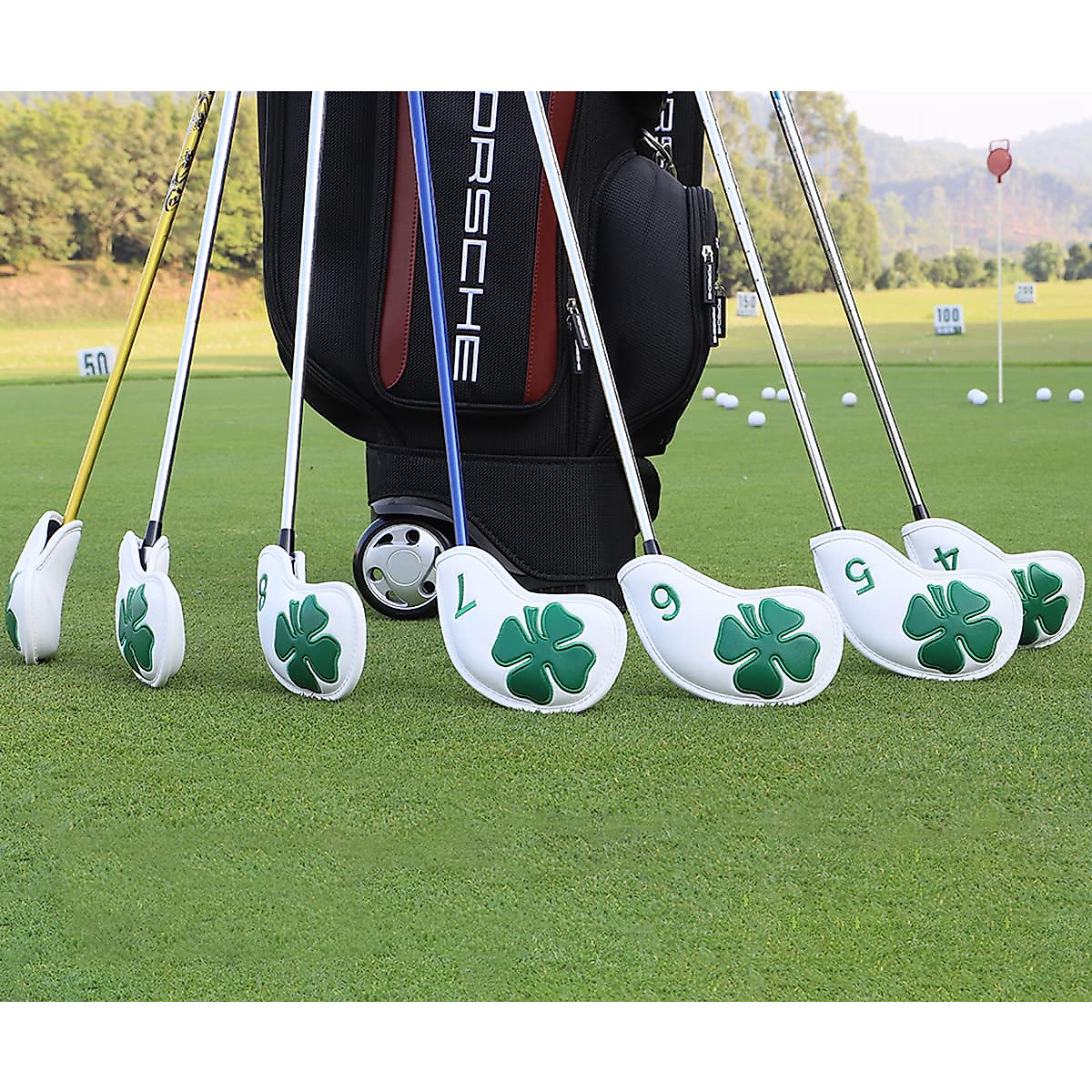 Golf Iron Covers,Golf Iron Head Covers Leather Golf Iron Covers Set 10pcs Golf Iron Headcovers,Lucky Clover Golf Club Head Covers for Iron with Magic Tape Fit All Brands Titleist,Callaway,Ping (White)