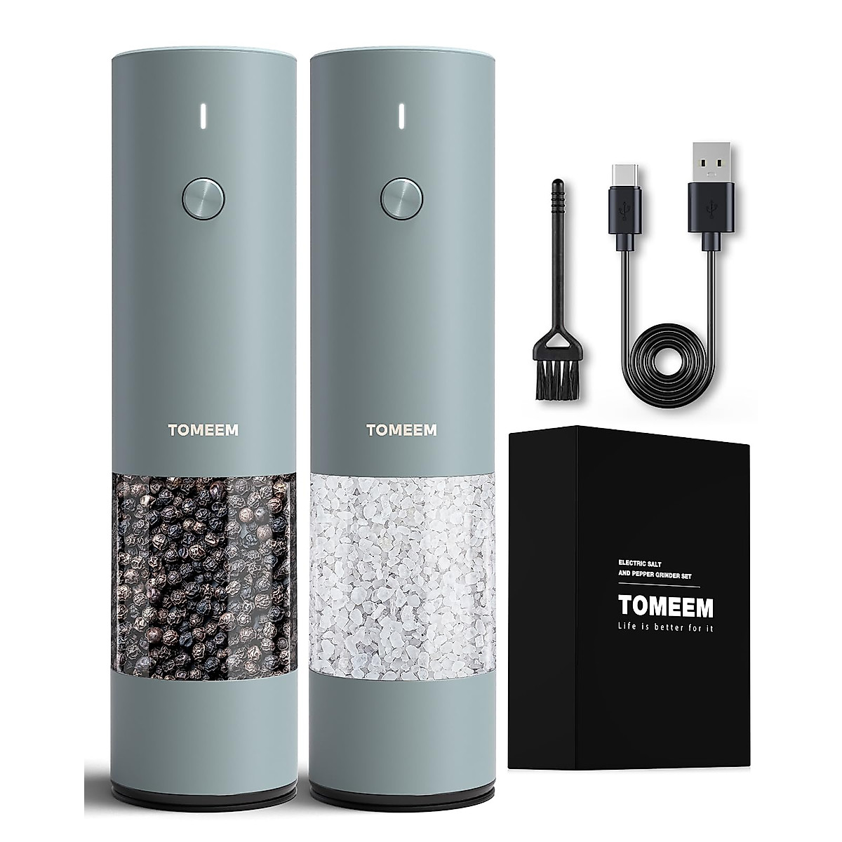 Upgraded Larger Capacity: Electric Salt and Pepper Grinder Set Rechargeable with LED lights, Stainless Steel Automatic Pepper and Salt Grinder Refillable with 6 Adjustable Coarseness