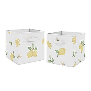 Sweet Jojo Designs Lemon Floral Foldable Fabric Storage Cube Bins Boxes Organizer Toys Kids Baby Childrens Set of 2 Yellow Green Beige Watercolor Boho Bohemian Farmhouse Fruit Flower Blossom Botanical