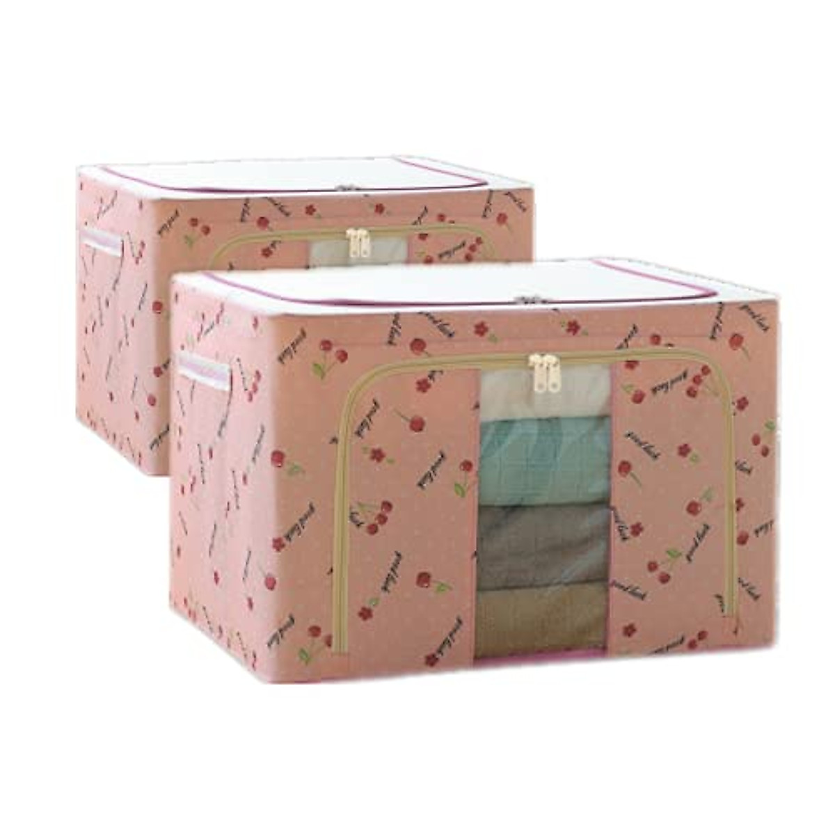 Storage Bins for Clothes - 2 PCS Collapsible Storage Bins LARGE 100L Foldable Closet Organizer Boxes 24"L x 17"W x 16"H Blanket Clothing Storage Bags with Zipper Window Large Capacity Storage Containers for Clothes 100L pink cherry