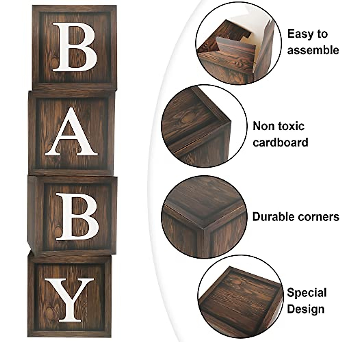 Wood Baby Shower Balloon Boxes, 4 Pcs Brown BABY Balloon Boxes with 30 Letter (A-Z + BABY) Wood Grain Printed for Boy Woodland Bear Baby Shower Party Decorations and Supplies