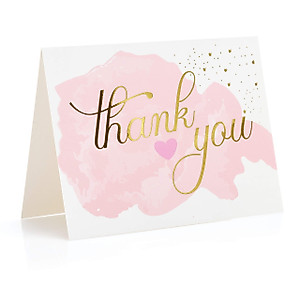 Thank You Cards with Envelopes (Set of 48) | Great for Baby Shower, Bridal Shower, Wedding, Parties & More | Thank You Notes Gold Foil Stamped Premium Cardstock with Pink Blush Watercolor Design