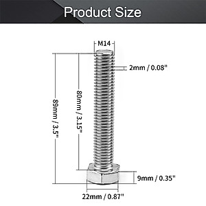 MroMax 2Pcs M14 x 80mm Hex Head Screws Bolts, 304 Stainless Steel 18-8, Fully Threaded, External Hex Drive, for Mounting Chair, Handles, Rail, Pump, Wheels, Antenna Parts, Boat and Plastic Bumpers