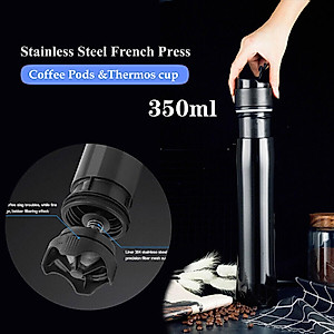 KATOHEKI Portable French Press Coffee Maker Stainless Steel Vacuum Insulated For Coffee/Tea Outdoor Car Travel Cup Coffee Mug, 350ML/12OZ, Black
